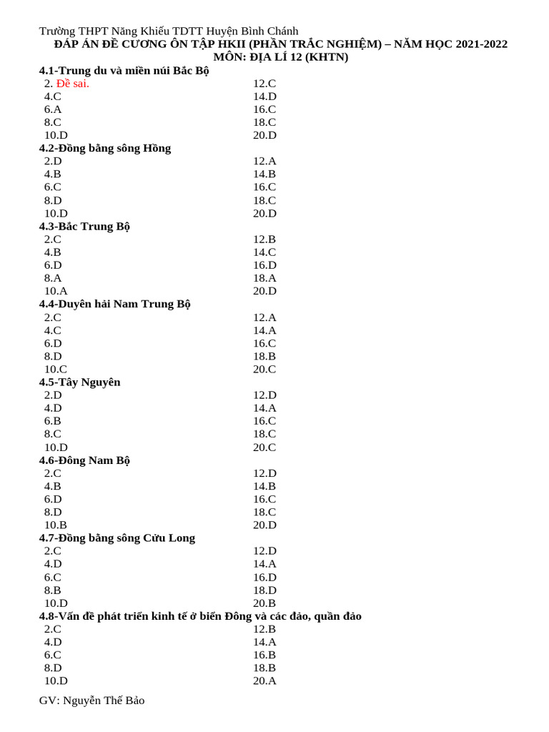 ĐỊA 12 KHTN - ĐÁP ÁN ĐỀ CƯƠNG ÔN TẬP HKII | PDF