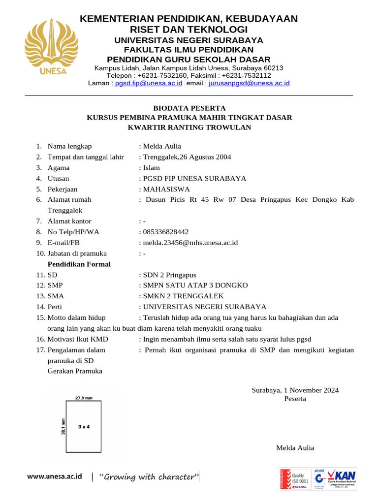 TEMPLATE BIODATA PENDAFTARAN KMD PGSD 2024 | PDF