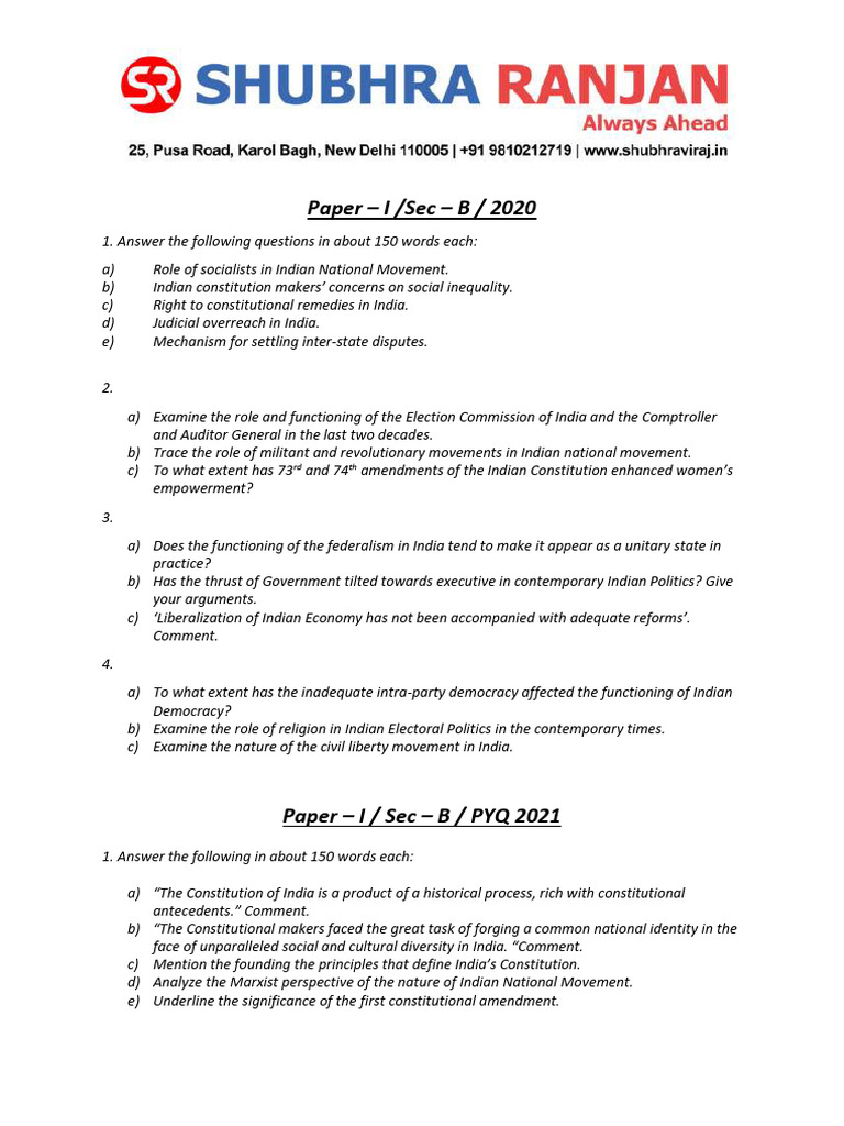 Pyqs Paper I Section-B (2020-2021) | PDF | Constitution | Democracy