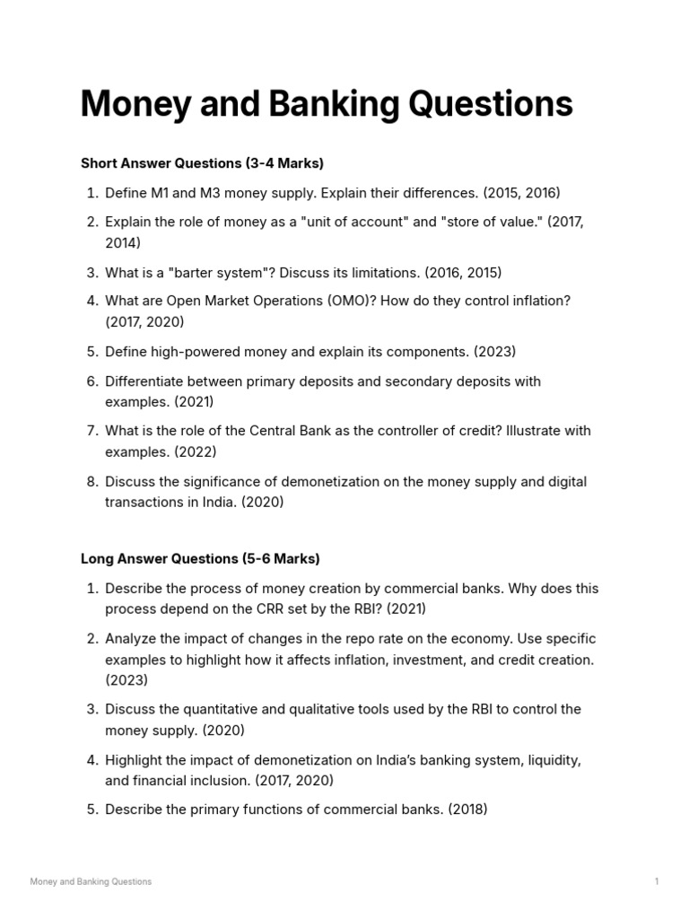 Money and Banking Questions PYQs | PDF | Money | Money Supply