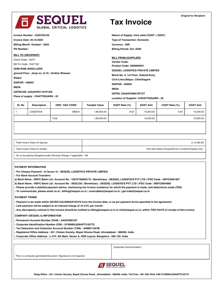 Sequel Logistics Bill | PDF | Invoice | Payments