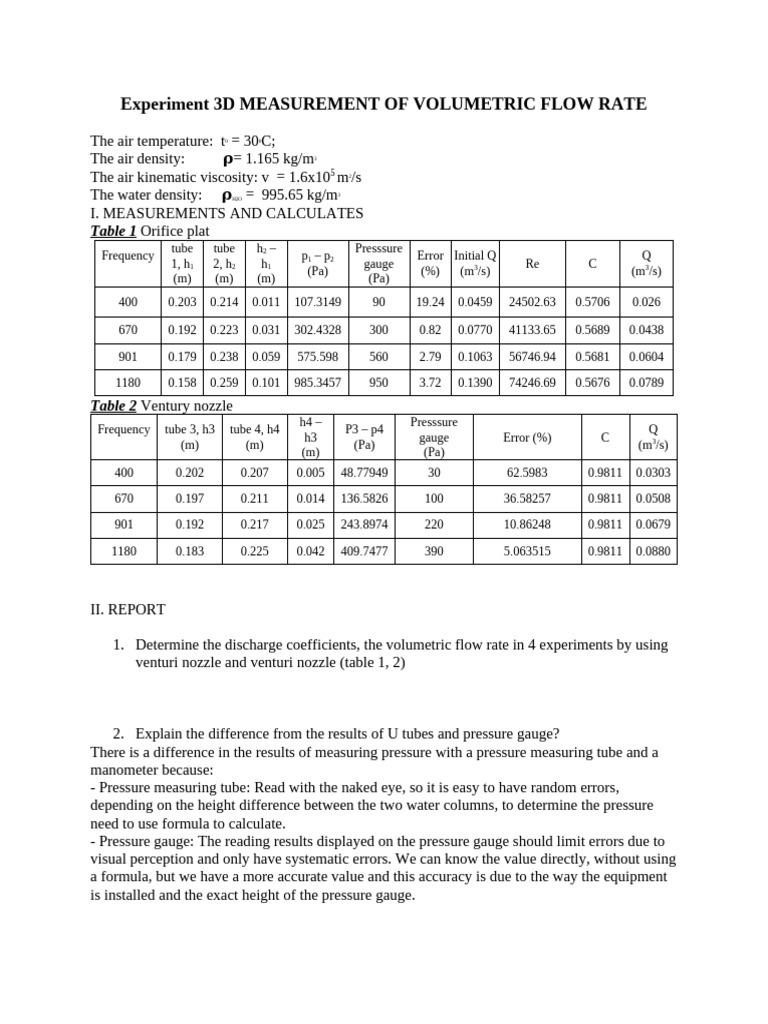 Experiment 3d Measurement of Volumetric Flow Rate | PDF | Pressure ...