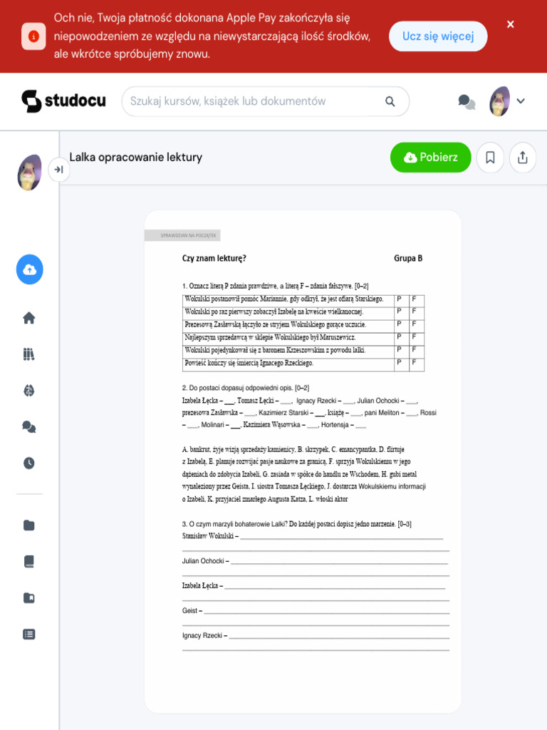 Lalka Opracowanie Lektury - SPRAWDZIAN NA POCZĄTE | PDF