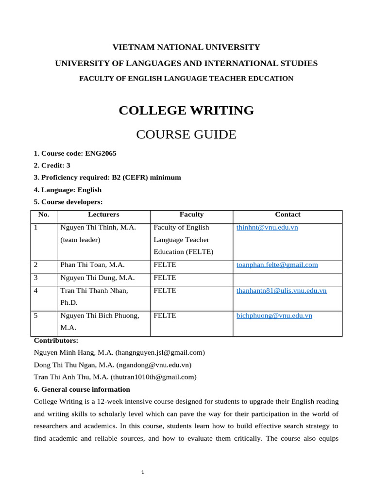 College Writing - Course Guide Updated BK Summer 2024 (12-Week Syllabus ...