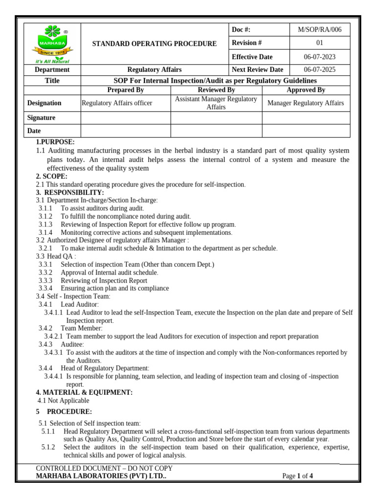 SOP for Checklist of different department for internal Inspection (1 ...