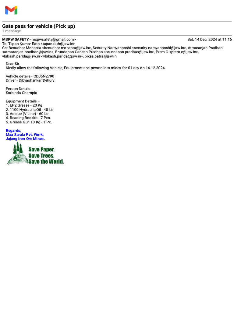 Vehicle Gate Pass for Jajang Mines | PDF