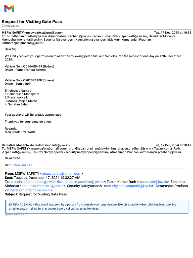 Gmail - Request For Visiting Gate Pass (2.) | PDF
