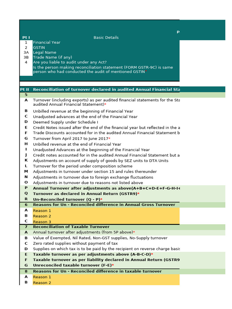 Excel Sheet of GSTR-9 - GSTR-9C | PDF | Taxes | Value Added Tax