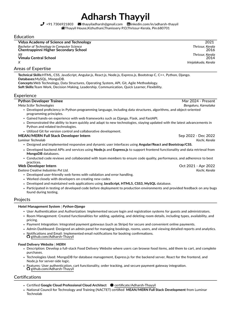 Adharsh Thayyil Resume | PDF | Databases | Python (Programming Language)
