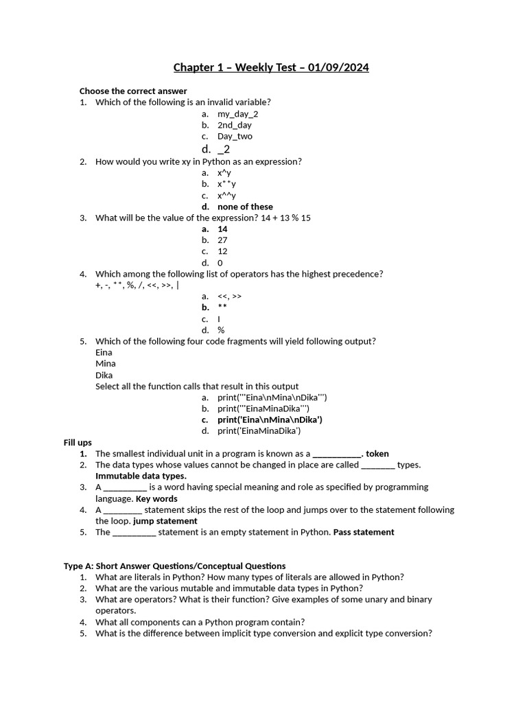 Nithesh Weekly Test Answers | PDF | Programming Paradigms | Computer ...