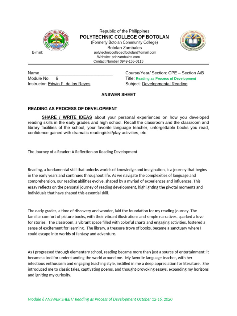 Module-6-ANSWER-SHEET | PDF | Reading Comprehension | Learning