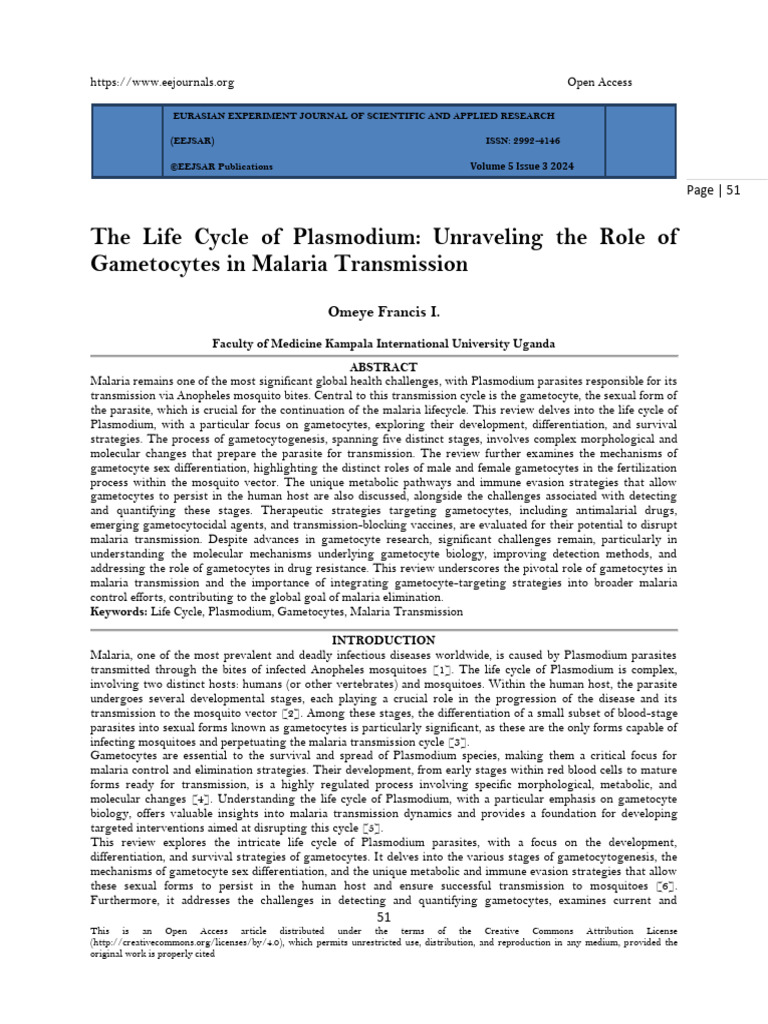 The Life Cycle of Plasmodium: Unraveling the Role of Gametocytes in ... The Life Cycle of Plasmodium: Unraveling the Role of Gametocytes in ...