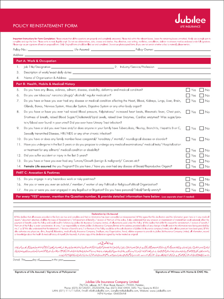 Policy Reinstatement Form | PDF