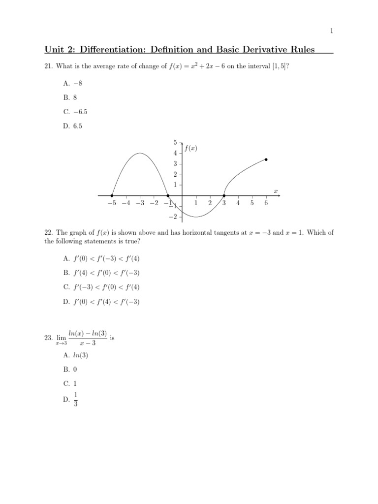Unit 2 Multiple Choice Practice | PDF | Derivative | Subtraction