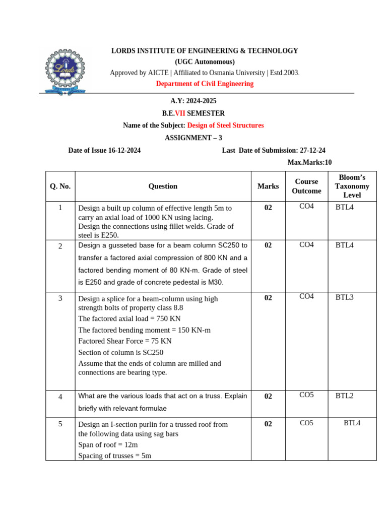 Dss Assignment 3 | PDF | Truss | Column