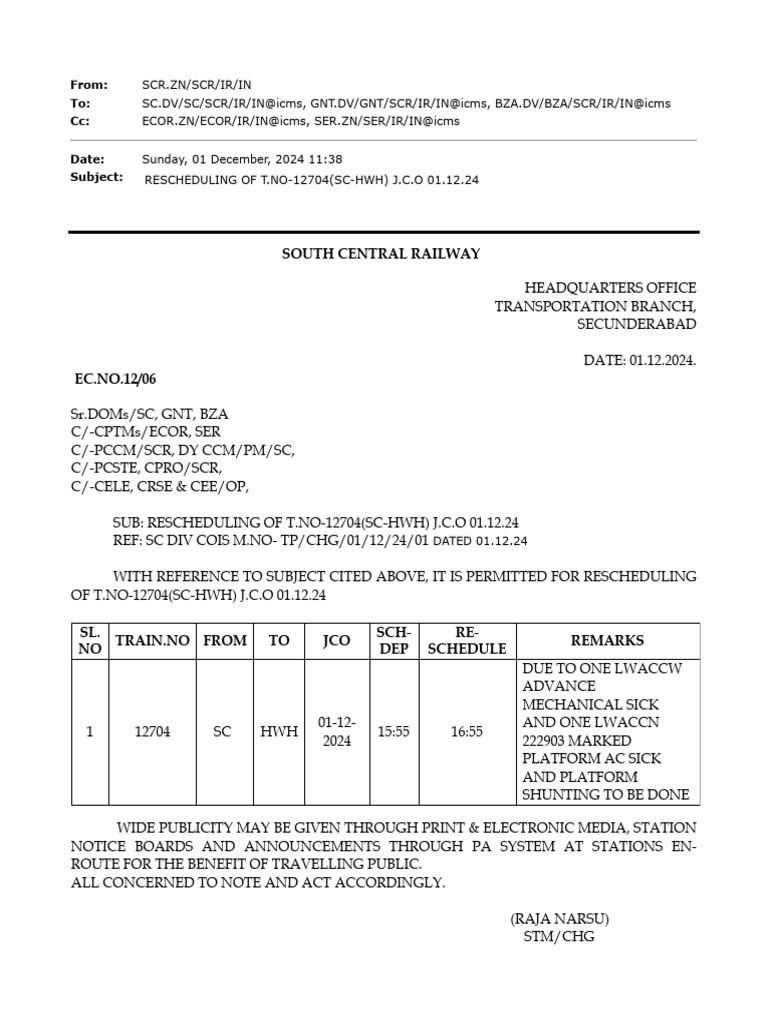 Scr-Rescheduling of T.no-12704 (SC-HWH) J.C.O 01.12.24 | PDF