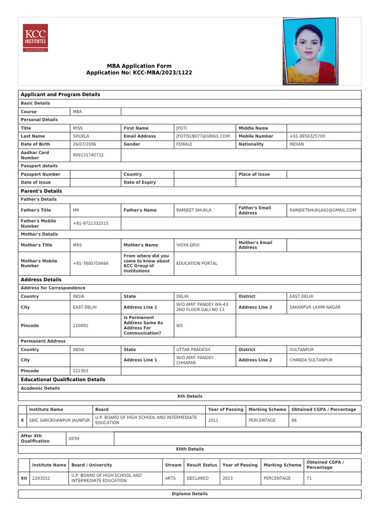 Application Form KCC-MBA 2023 1122 | PDF | Qualifications