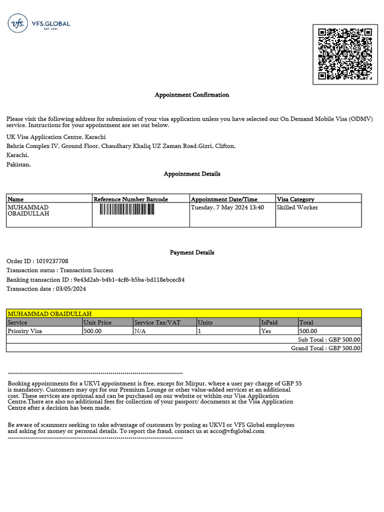 UK Visa Appointment Confirmation Details | PDF | Travel Visa | Payments