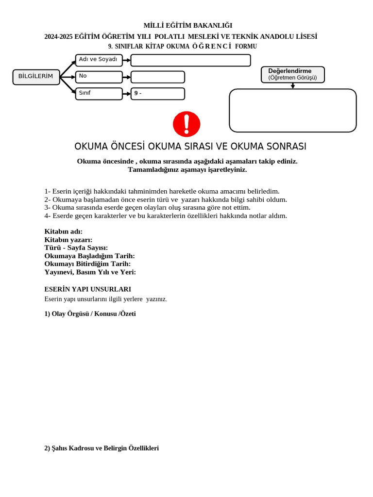 PMTAL 9 TDE Kitap Okuma Öğrenci Formu | PDF