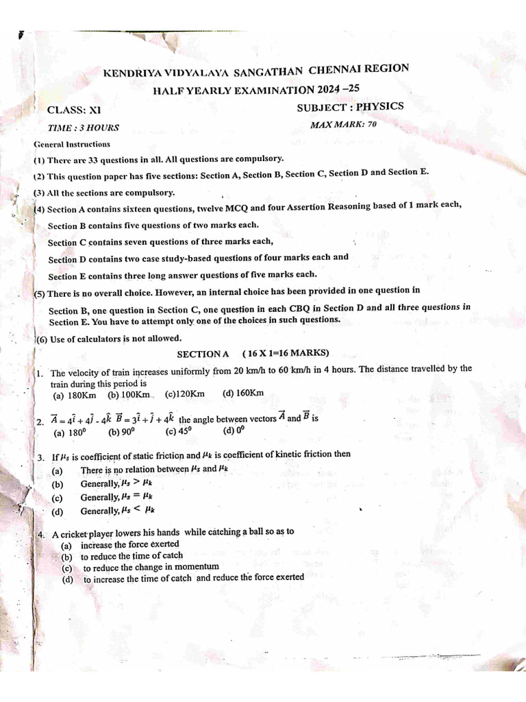 XI HY 2024-25 Kvs Chennai Region | PDF