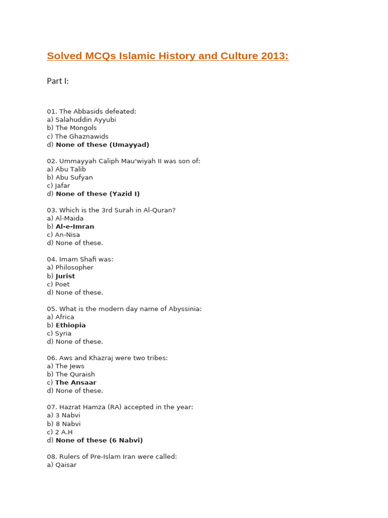 Islamic History MCQs | PDF | Caliphate | Umar