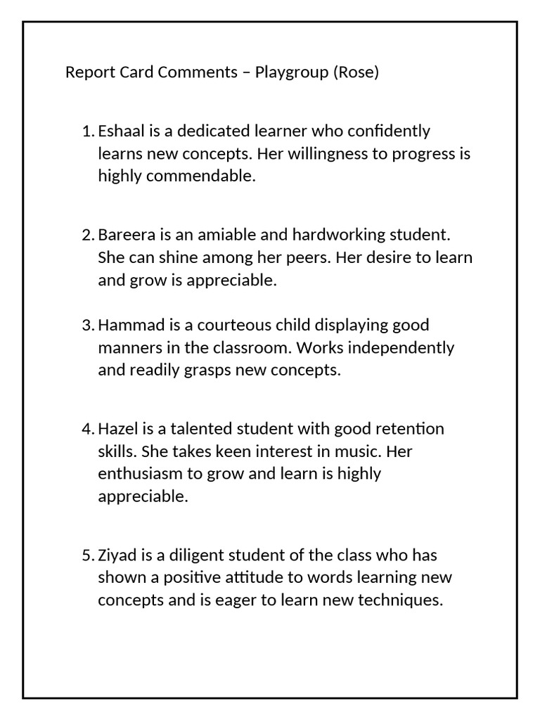 Report Card Comments | PDF