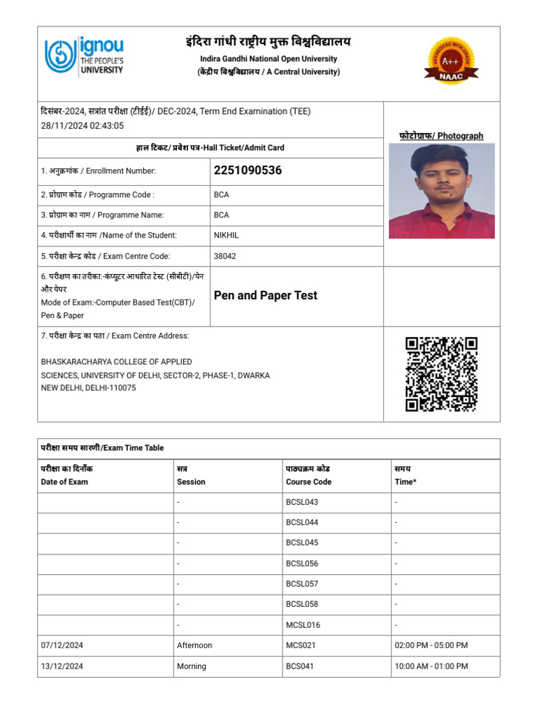 IGNOU Hall Ticket - Nikhil | PDF