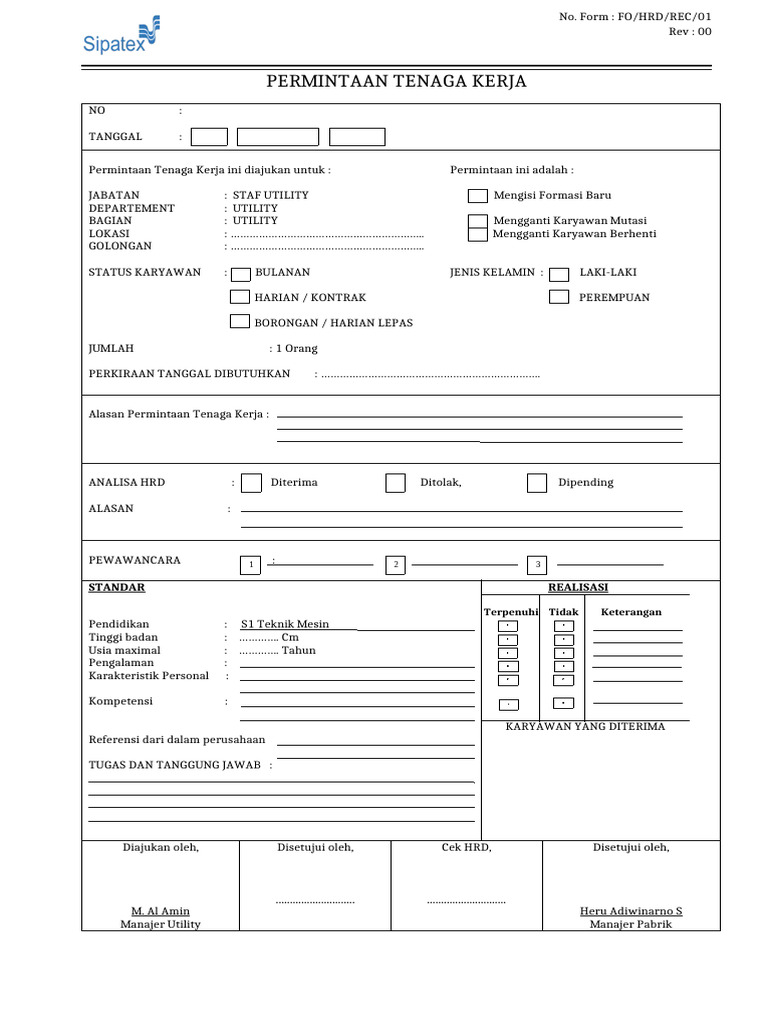 FORM - HRD.REC.01 - PERMINTAAN TENAGA KERJA-Staf Produksi | PDF