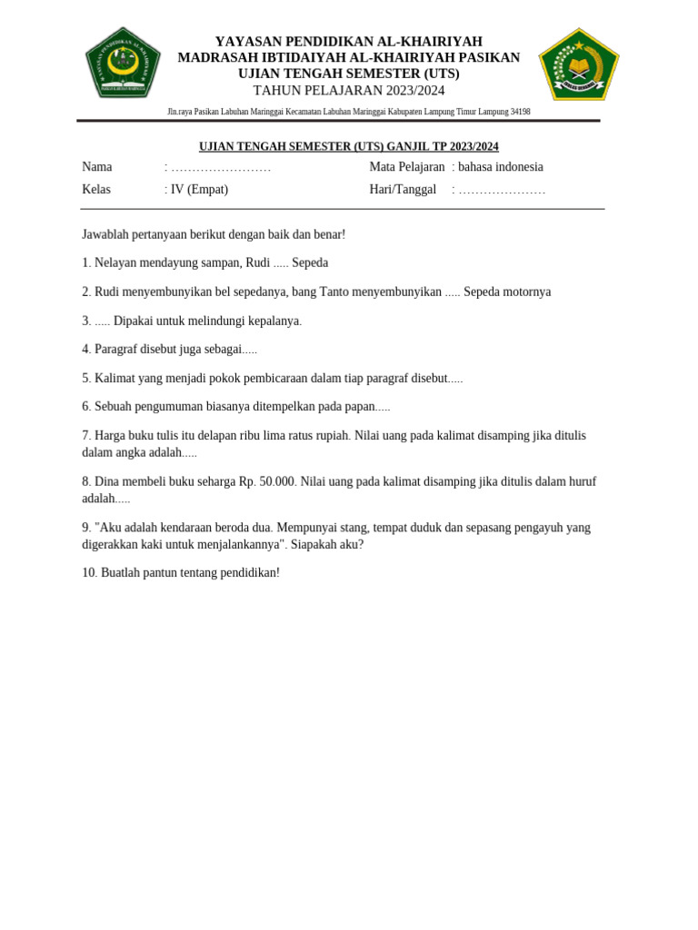 SOAL B.INDO KELAS 4 SM1 | PDF