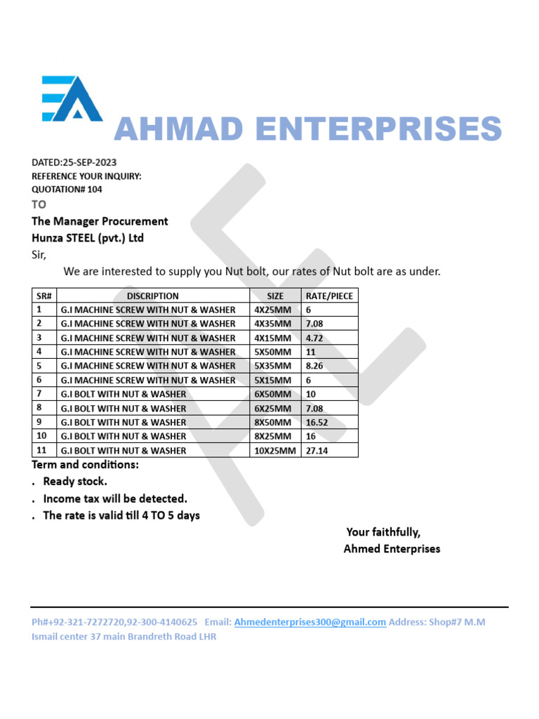 QUOTATION # 104; HUNZA STEEL | PDF