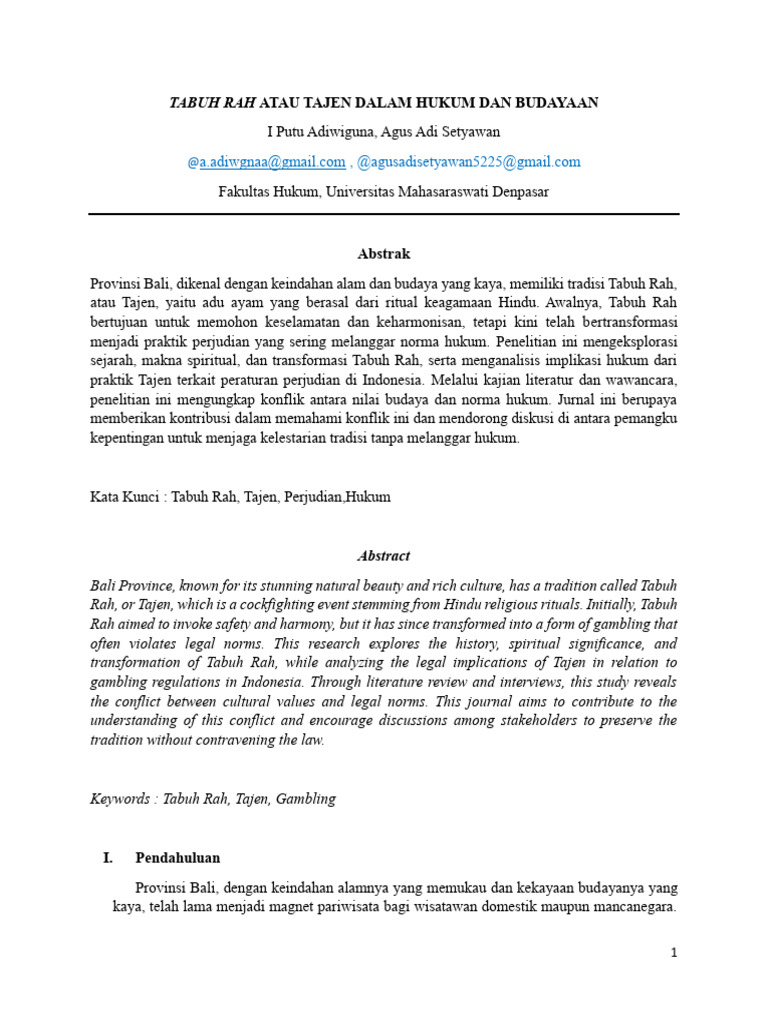 Tabuh Rah Atau Tajen Dalam Hukum Dan Budayaan | PDF