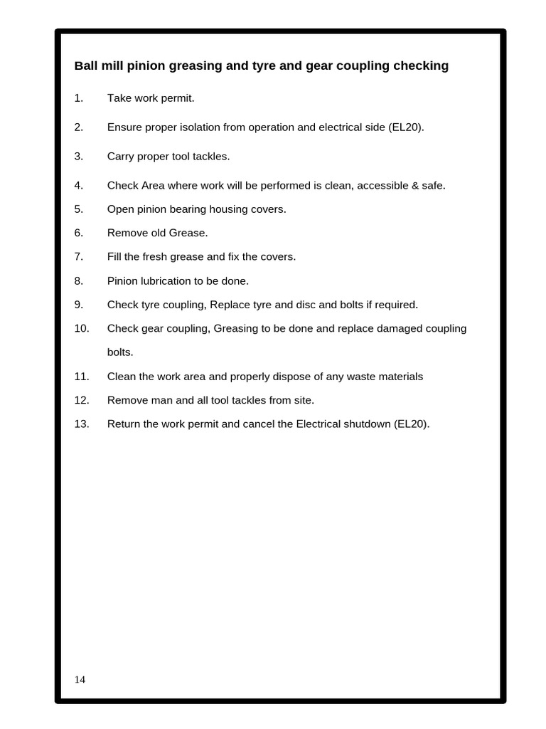 Ball Mill Pinion Greasing and Tyre and Gear Coupling Checking | PDF
