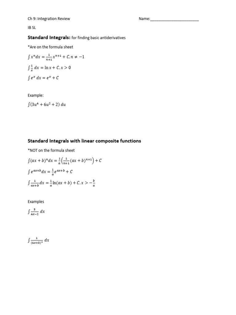 Review Integration IB SL | PDF | Integral | Area
