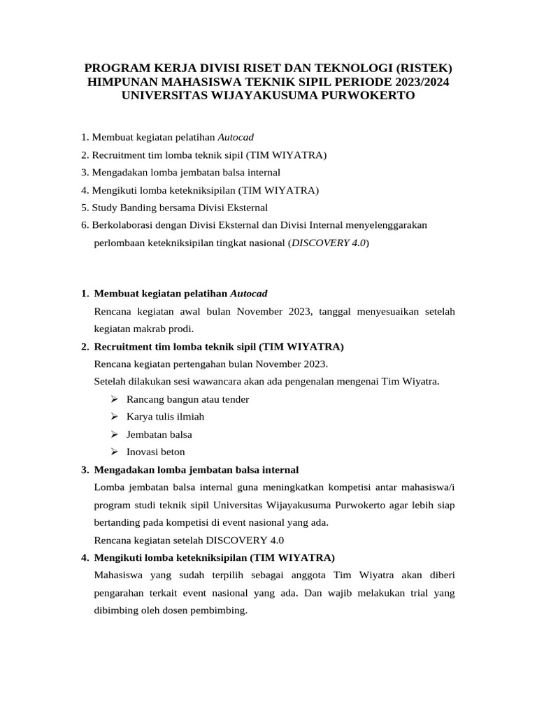 Program Kerja Ristek Periode 2023-2024 | PDF