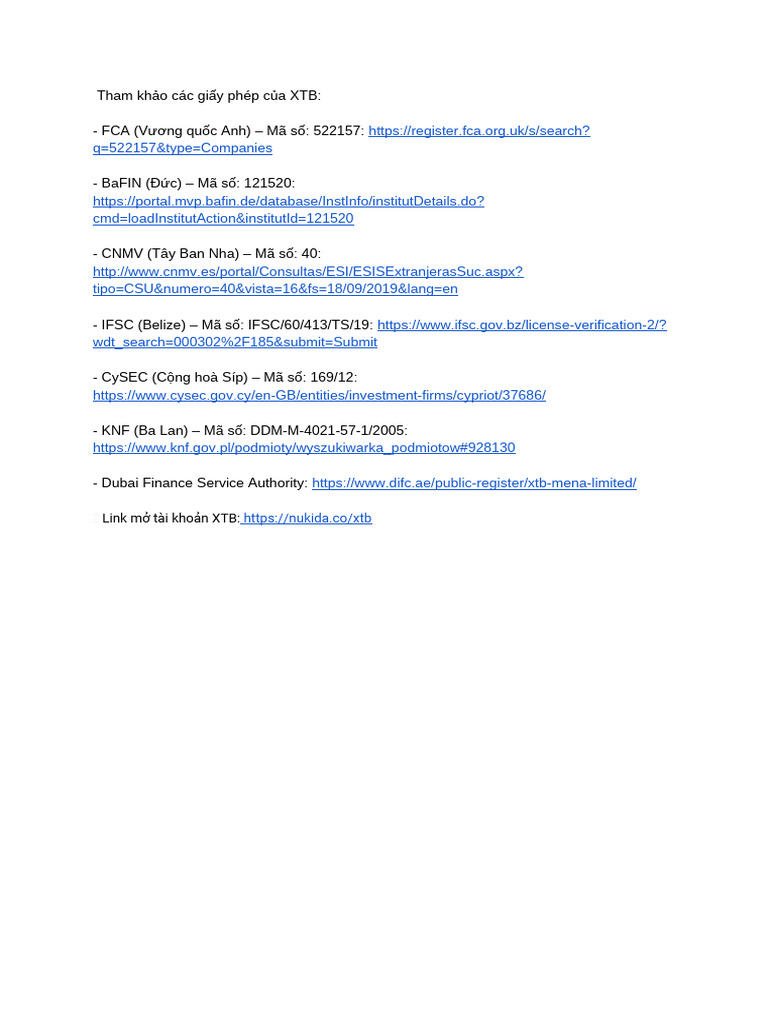 ?️ Các giấy phép của XTB | PDF