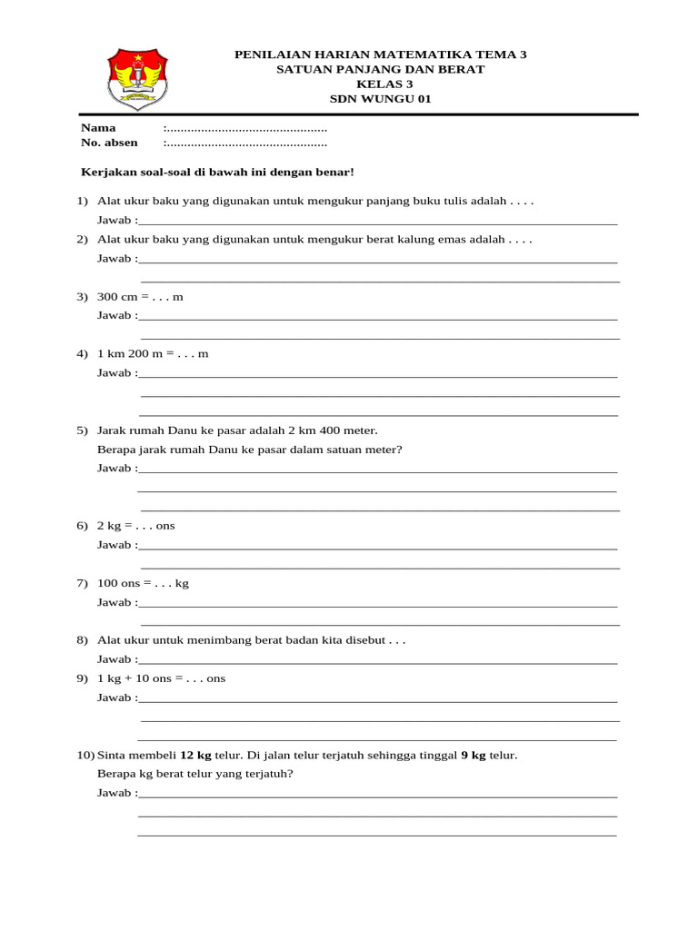 PH Matematika - Tema 3 - KLS 3 - Satuan Panjang-Berat | PDF