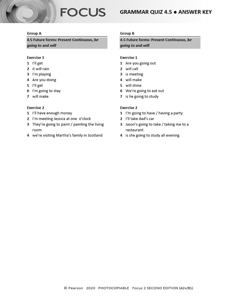 Future Forms Grammar Quiz Answer Key | PDF