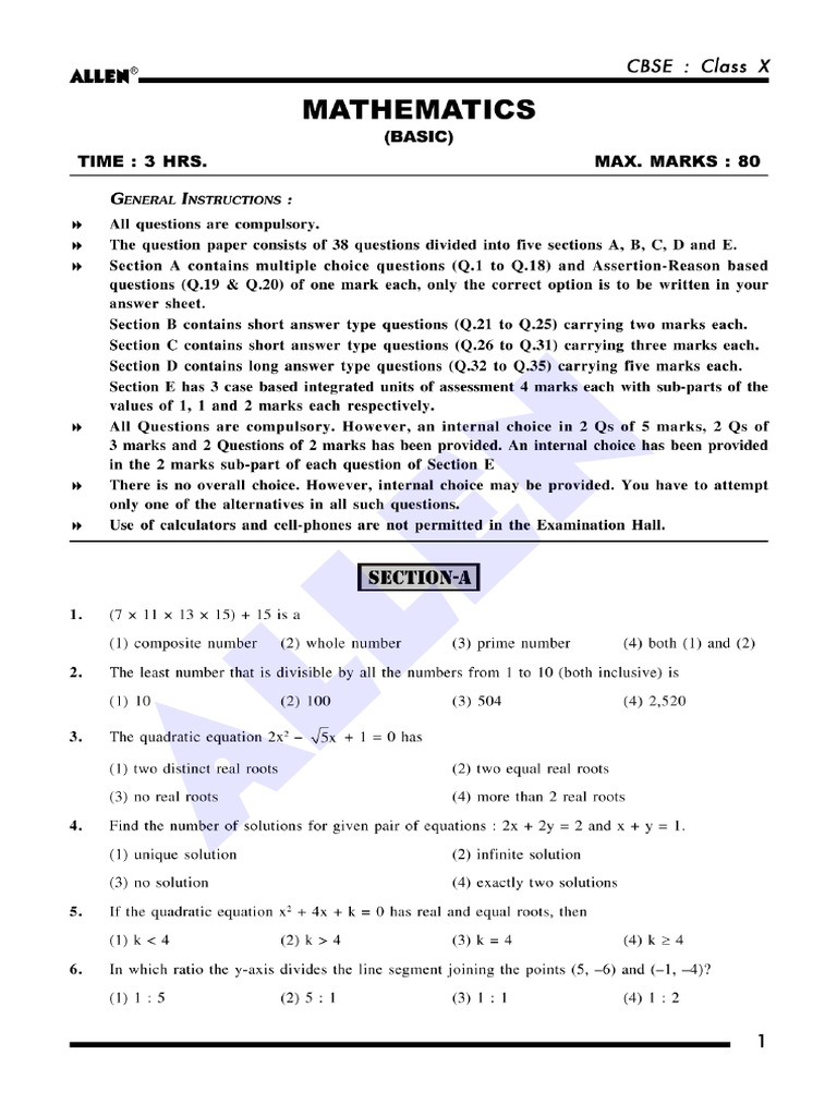 Kota-CBSE-10th-Maths-basic-Paper | PDF