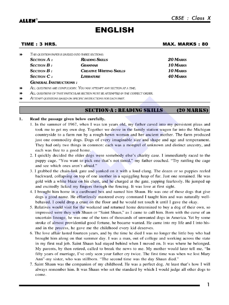 Kota-CBSE-10th-English-Paper | PDF