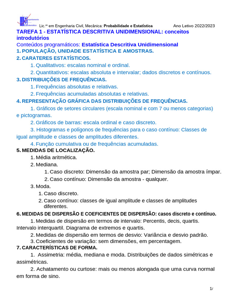 2022 2023 Tarefa1 EDUni Introd | PDF | Estatísticas descritivas | Modo (Estatística)