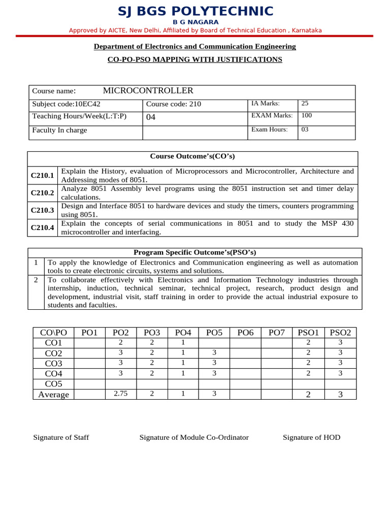 CO-PO-PSO Mapping Justification | PDF | Microcontroller | Integrated Circuit