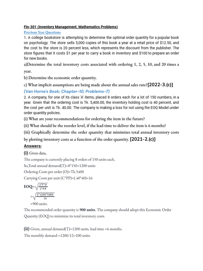 Fin-301 (Inventory Management, Mathematics Problems) | PDF | Net ...