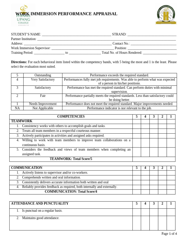 Work Immersion Perfomance Appraisal | PDF | Performance Appraisal ...