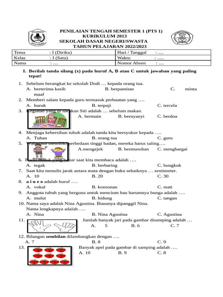 Soal PTS Kelas 1 Tema 1 | PDF
