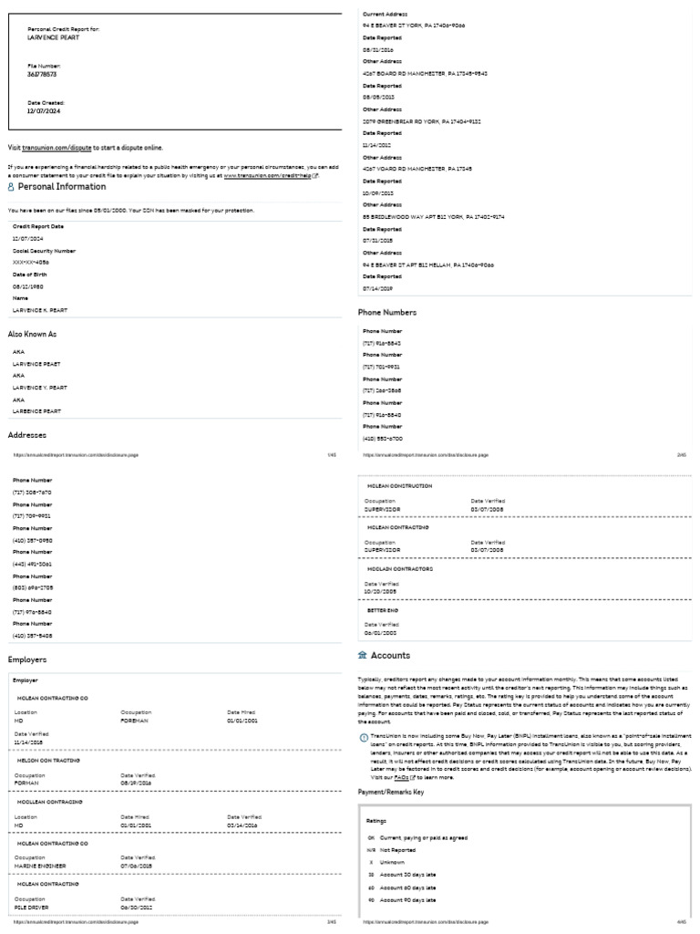 8 - Larvence Peart - TransUnion Credit Report PDF | PDF | Credit ...