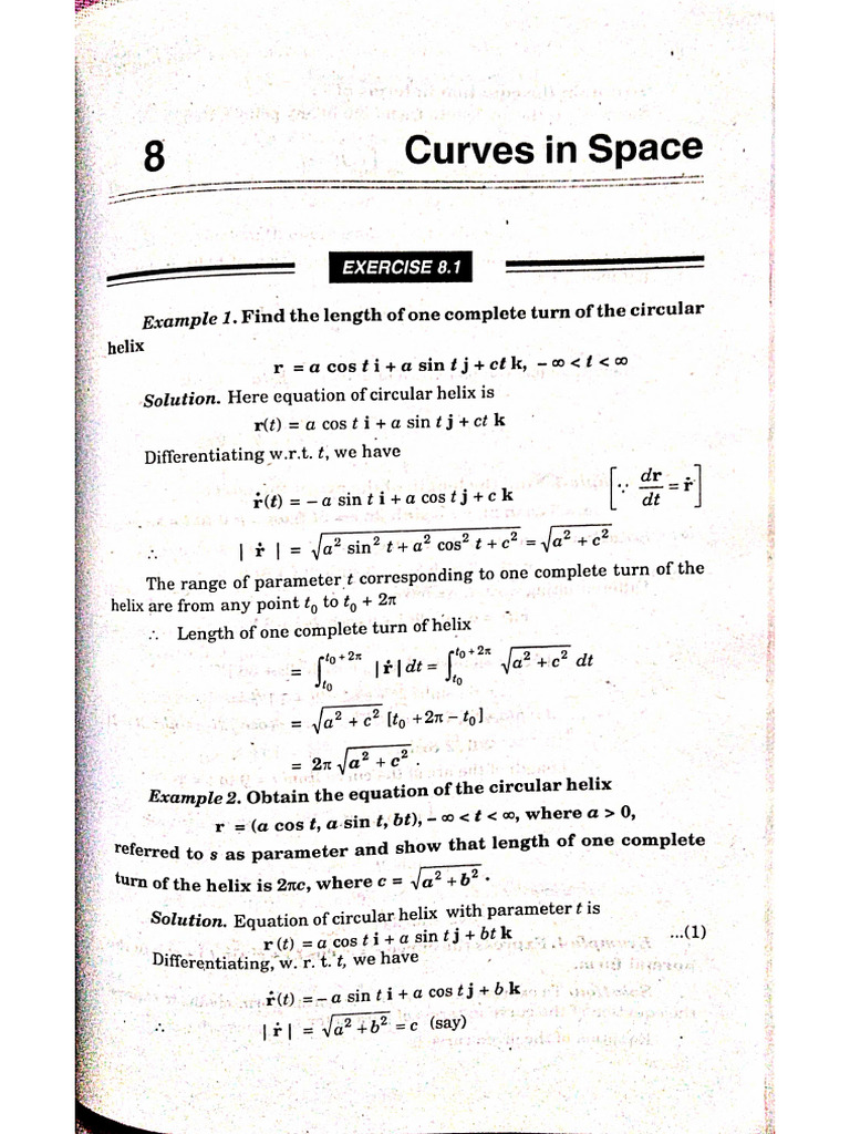 Advanced Calculus Ch. 8curves in Space | PDF