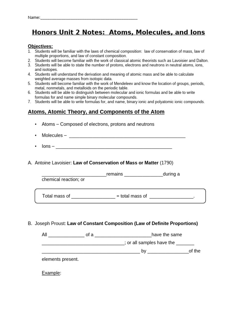 Notes - Unit 2 Notes Packet | PDF | Atoms | Ion