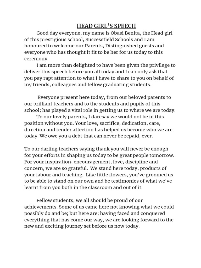 Inspiring Head Girl Graduation Speech | PDF