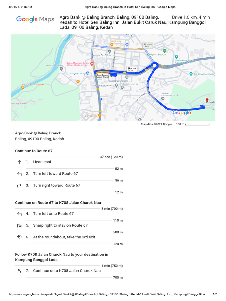 Directions from Agro Bank to Hotel Seri Baling Inn | PDF