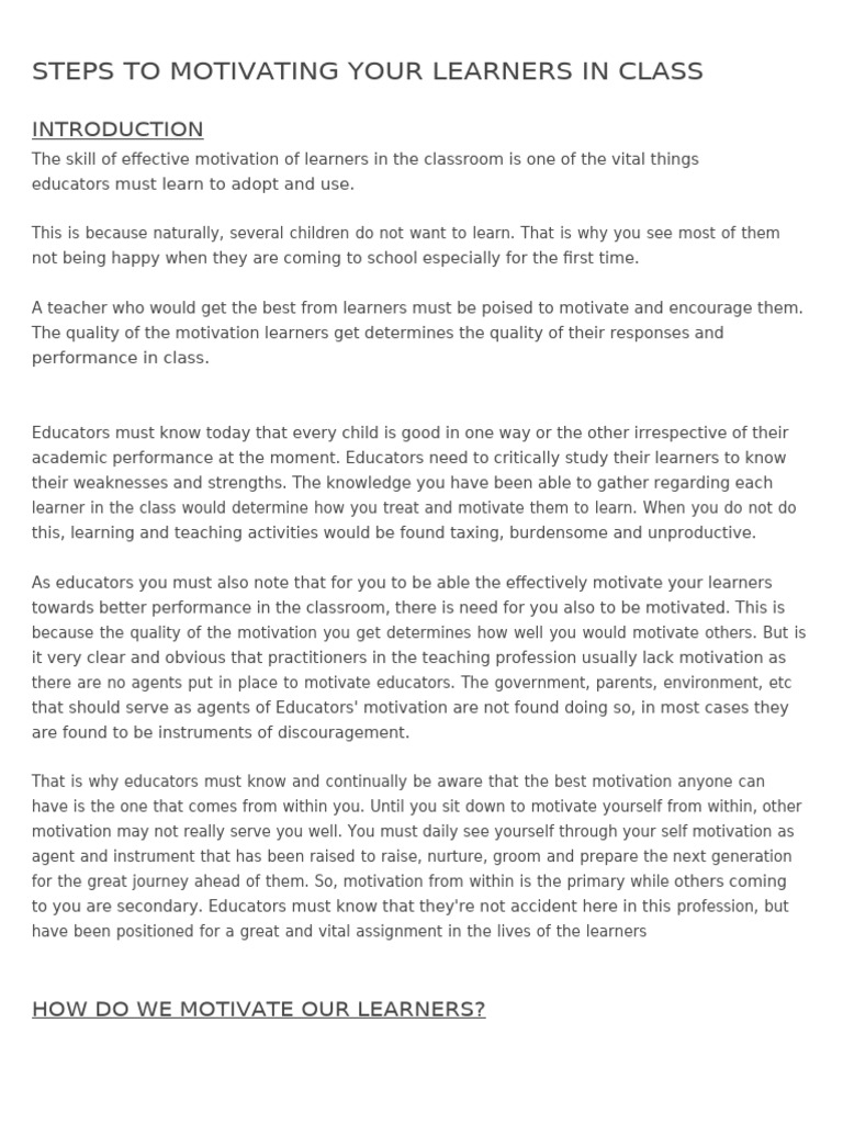 Steps To Motivating Your Learners in Class | PDF | Teachers | Learning